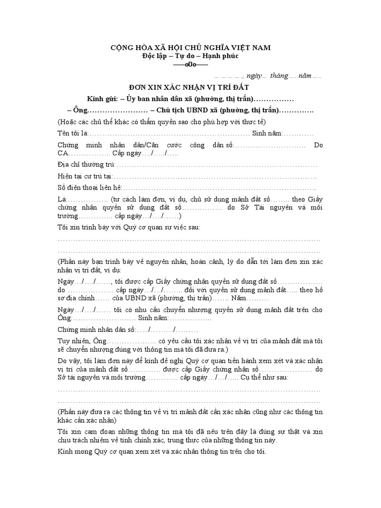 Mau Don Xin Xac Nhan VI Tri Dat 2 | PDF