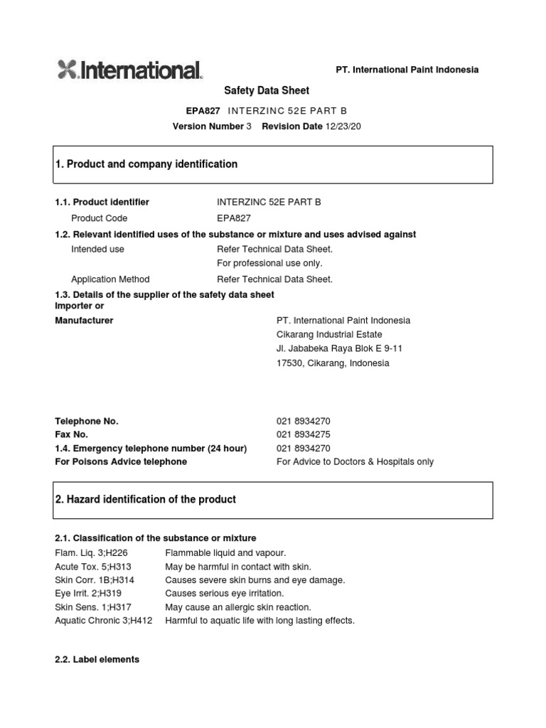 Safety Data Sheet: Interzinc 52E Part B | PDF | Toxicity | Chemical ...