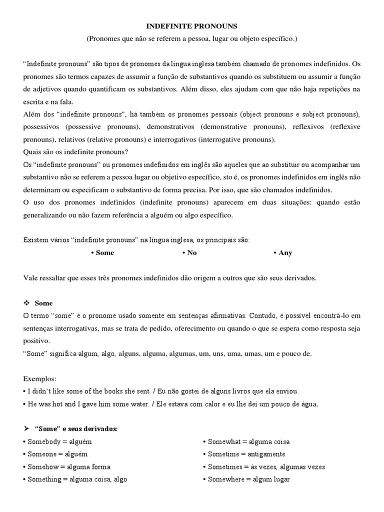INDEFINITE PRONOUNS - Pronomes Indefinidos | PDF | Pronome | Gramática