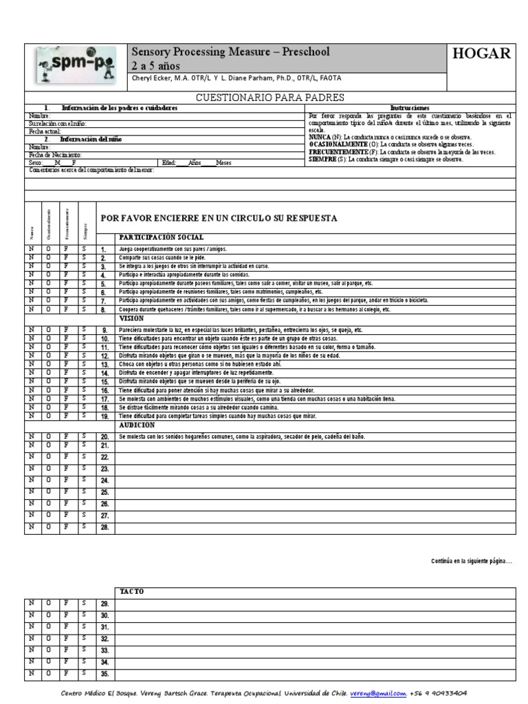 Sensory Processing Measure Preschool 2 - 5 Años - HOGAR | PDF