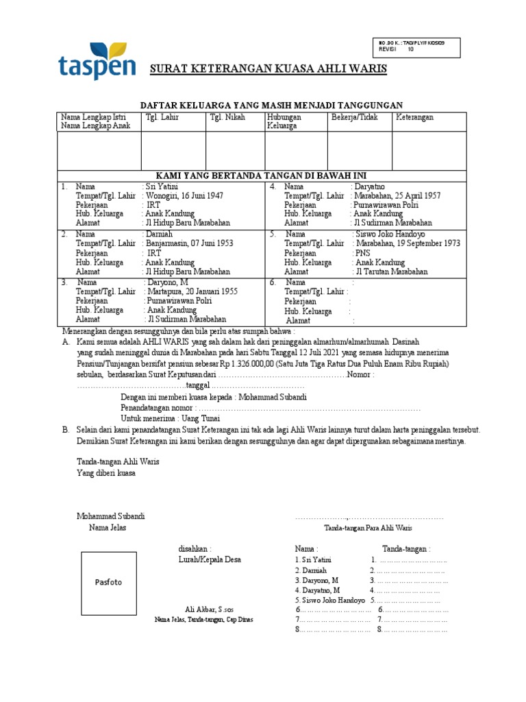 Surat Kuasa Ahli Waris Dasinah | PDF