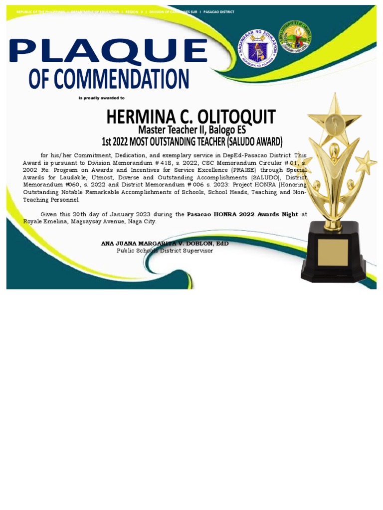 OUTSTANDING TEACHER SALUDO AWARD_Pasacao | PDF