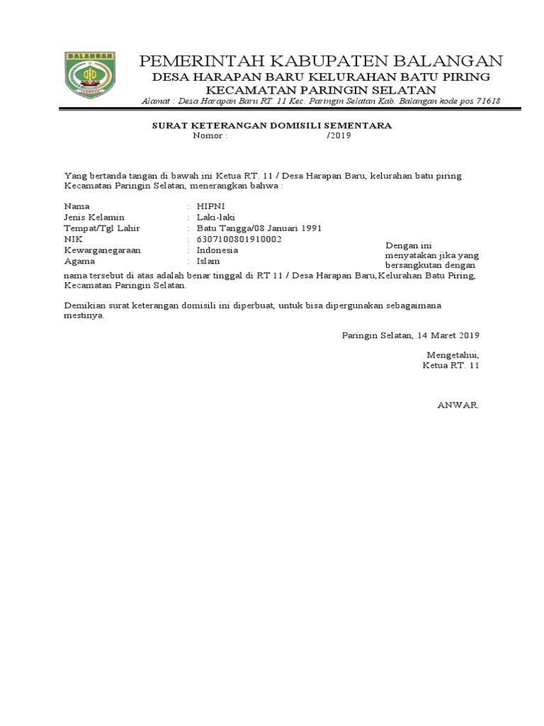Surat Keterangan Domisili Sementara | PDF