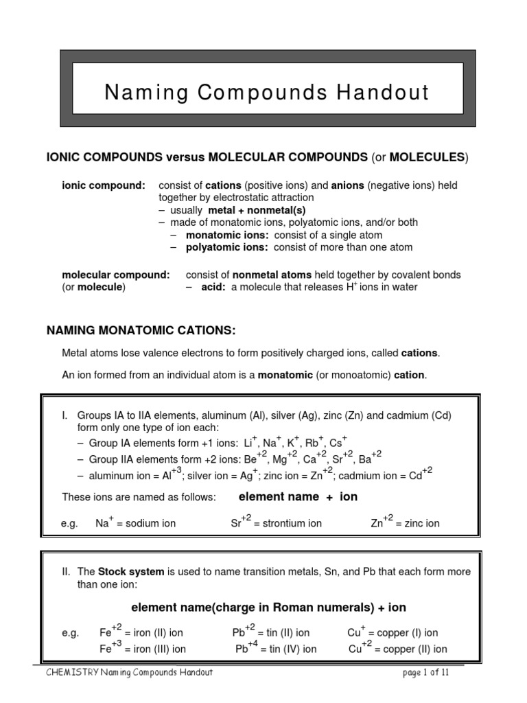 Namingcompoundshandout | PDF | Ion | Chemical Compounds