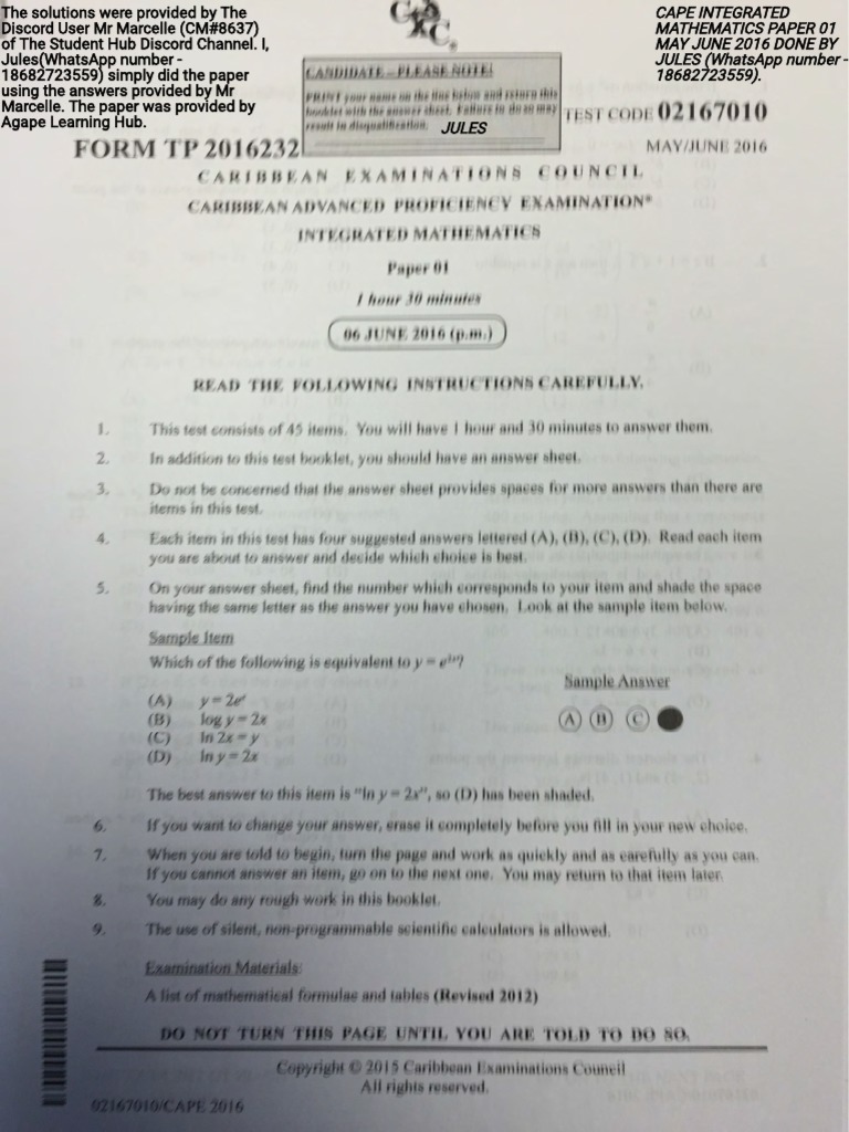 Solutions to the 2016 CAPE Integrated Mathematics Paper 01 provided by The Student Hub tutor and ...