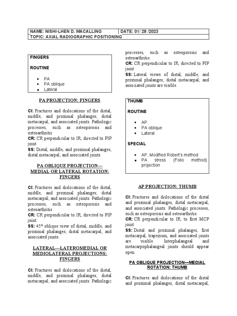 Radiographic positioning of fingers and hand | PDF | Elbow | Hand