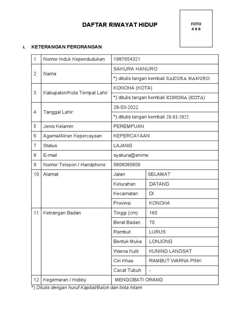 Contoh Cara Mengisi Daftar Riwayat Hidup Pdf