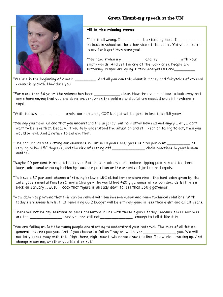 Greta Thunberg Speech at The Un Reading Comprehension Exercises Video ...