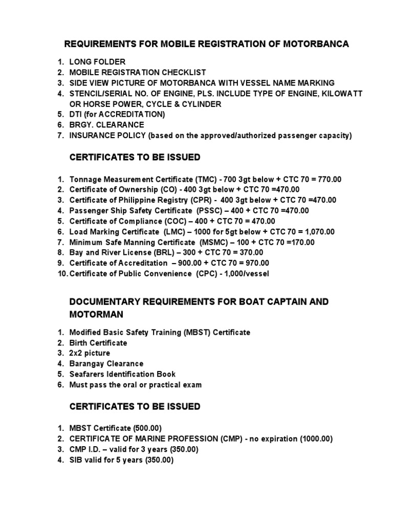 Requirements For Mobile Registration of Motorbanca Etc. | PDF