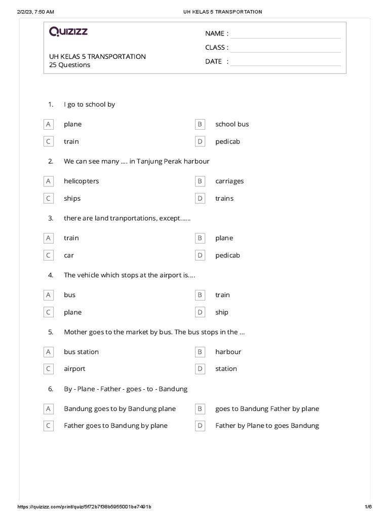 Grade 5 Transportation Quiz | PDF | Transport | Water Transport