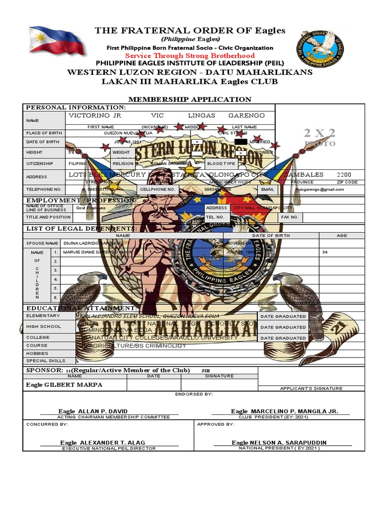 Eagles Club Membership Application Form | PDF | Philippines | Southeast Asia