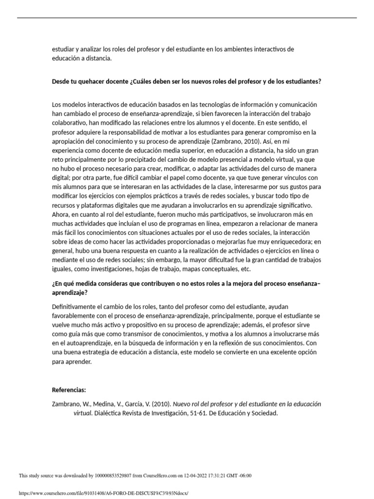 A6 Foro de Discusi N | PDF | Maestros | Educación a distancia