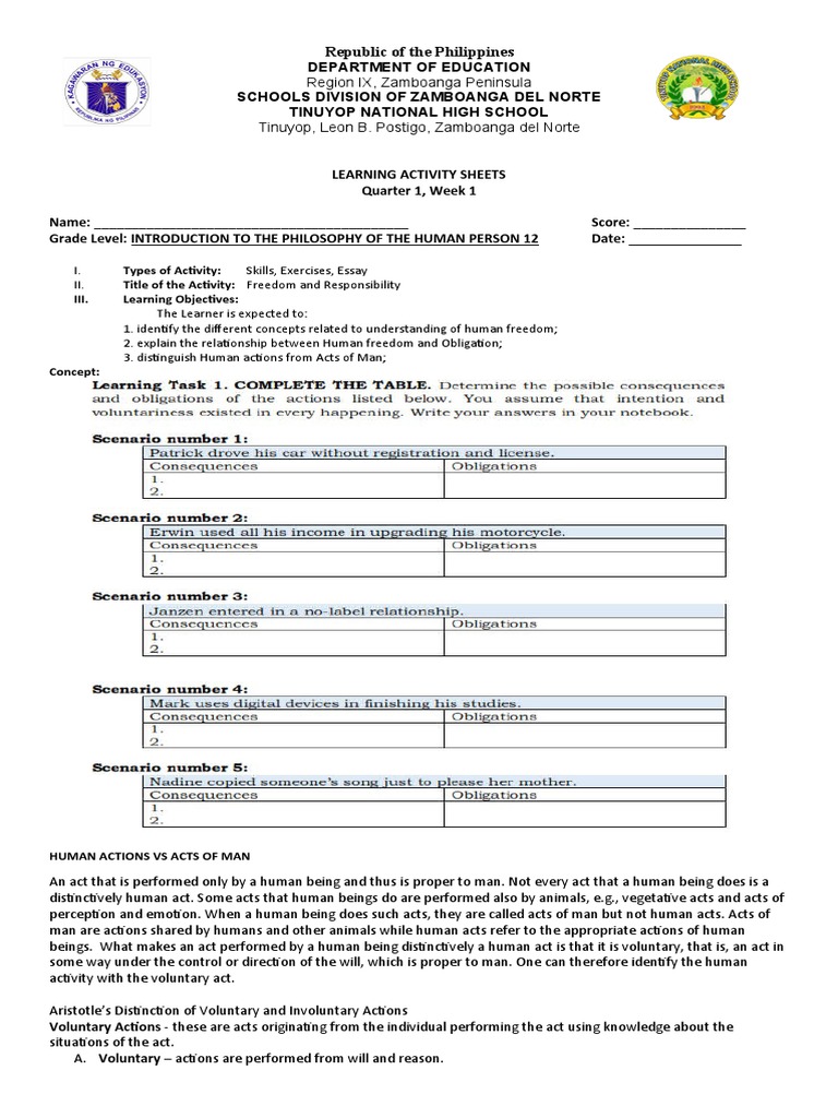 Philo Week 1 | PDF | Free Will | Human