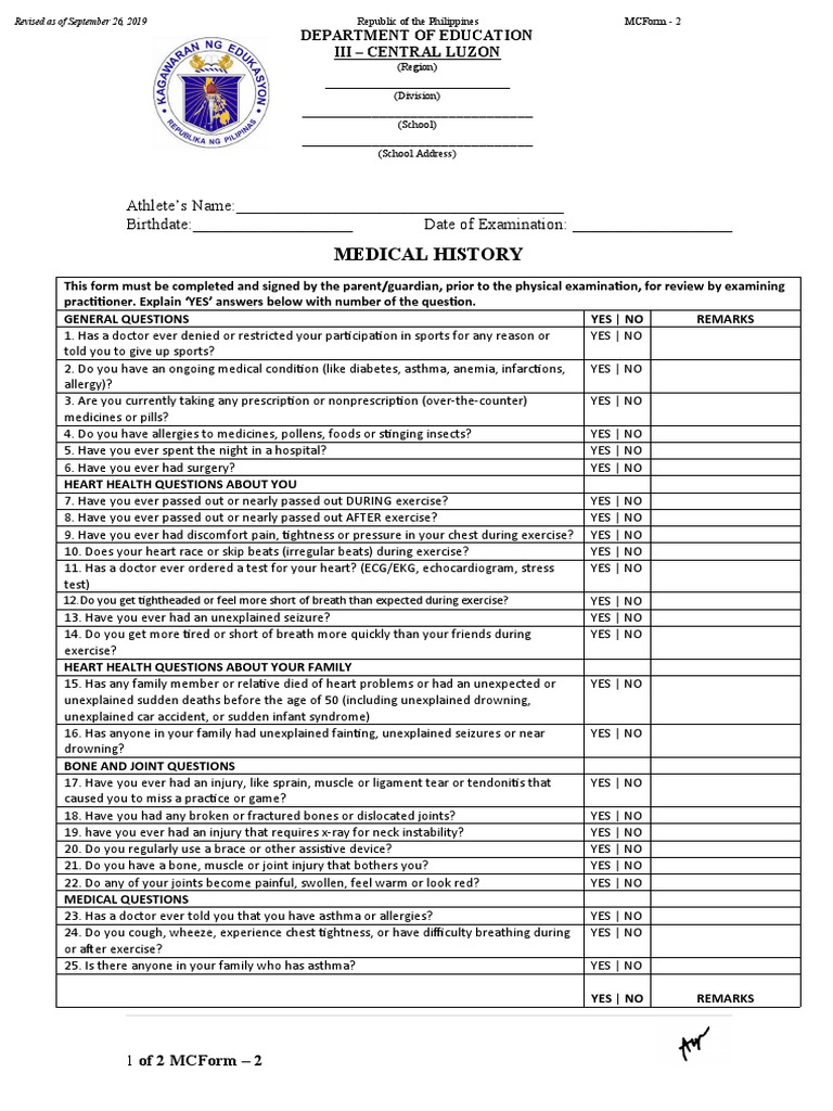 Athlete Medical History Form | PDF | Clinical Medicine | Diseases And ...