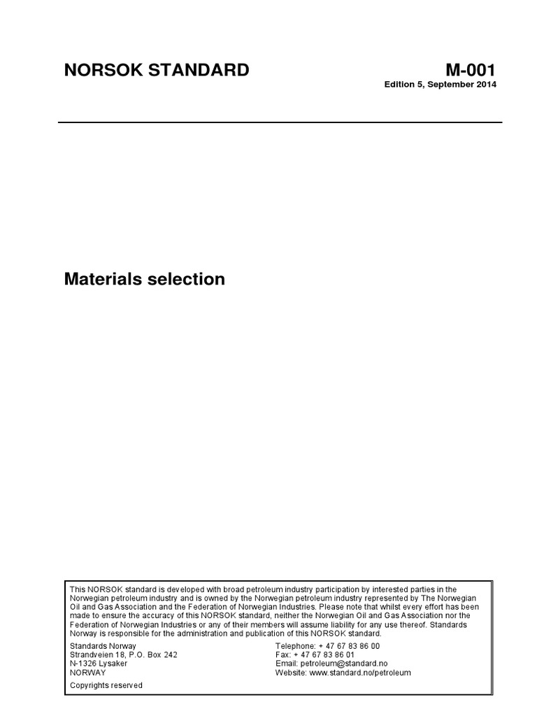 Norsok-M001-Materials Selection - 2014 | PDF | Corrosion | Stainless Steel