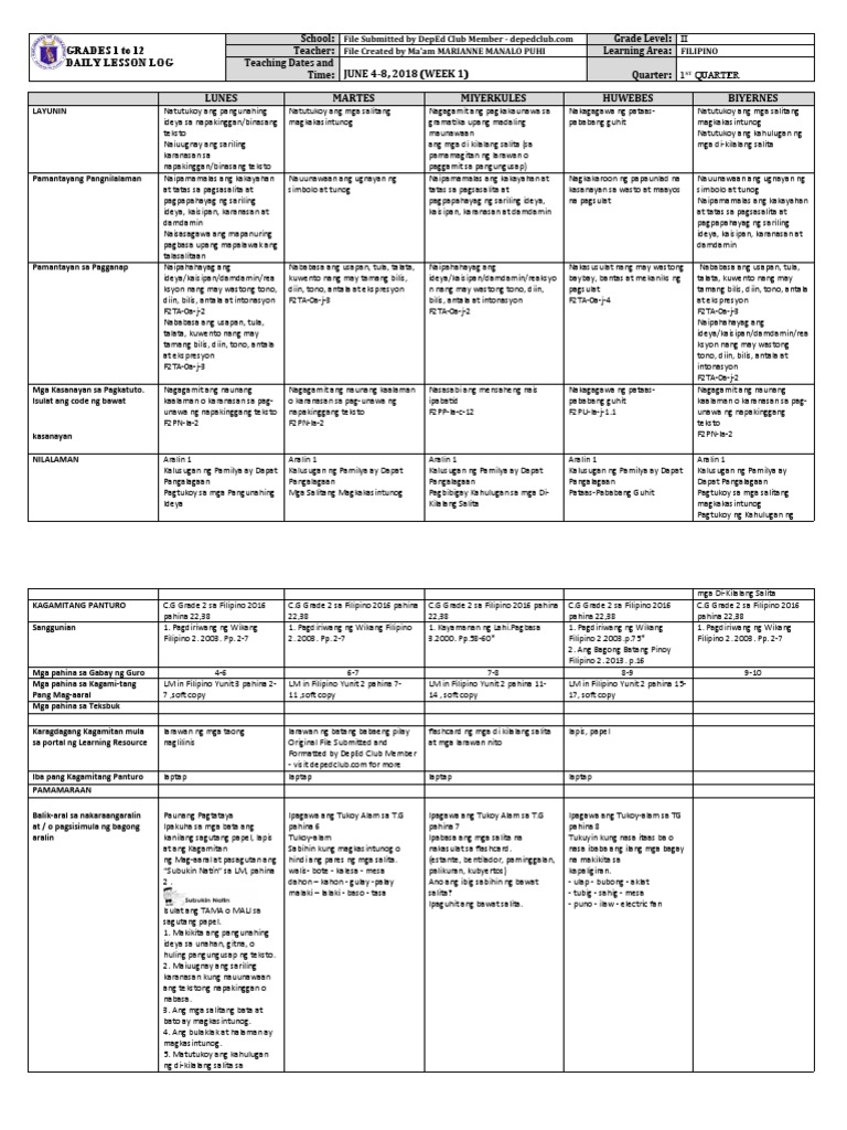 DLL - Filipino 2 - Q1 - W1 | PDF