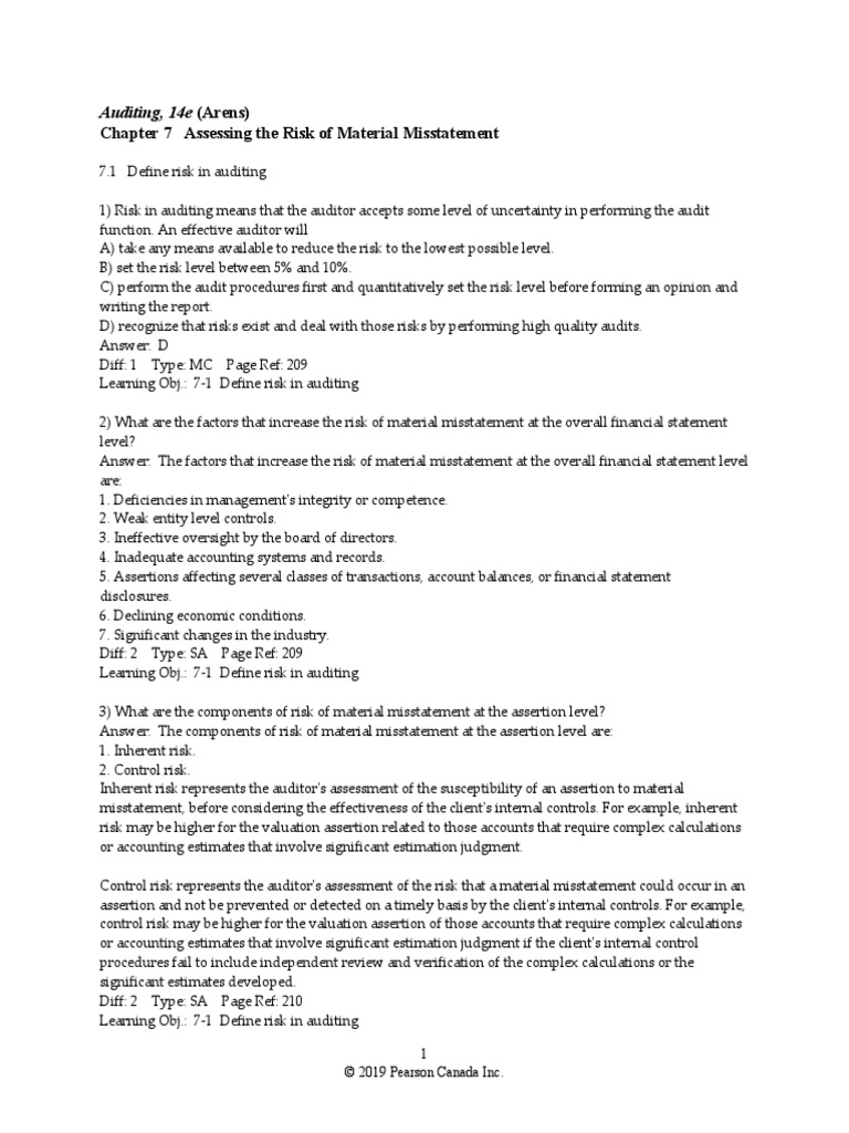 Risk Assessment and Inherent Risk - Test Bank Arens | PDF | Audit ...