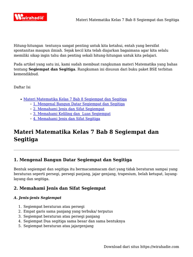 Materi Matematika Kelas 7 Bab 8 Segiempat Dan Segitiga | PDF