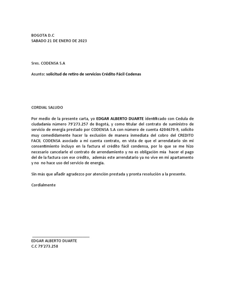 Solicitud Retiro Crédito Fácil Codensa | PDF