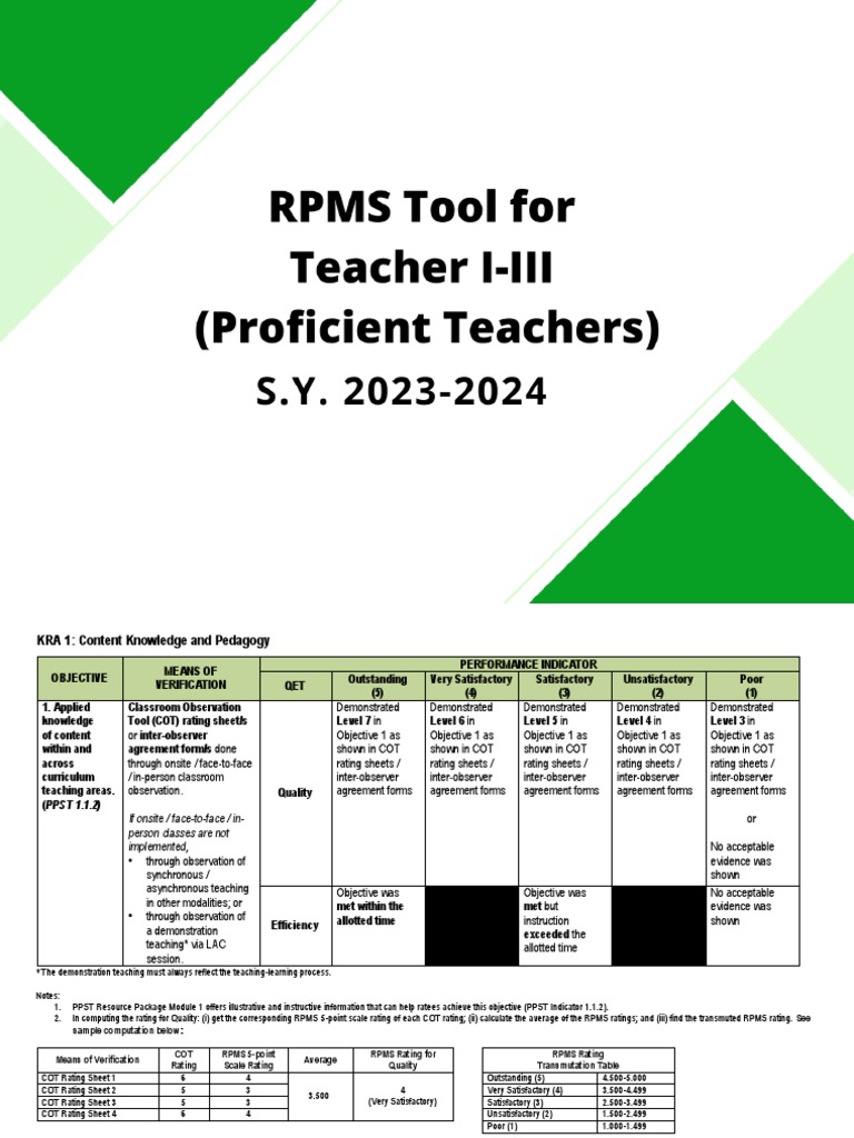 Annex A2 RPMS Tool For Proficient Teachers SY 2023-2024 | Download Free ...