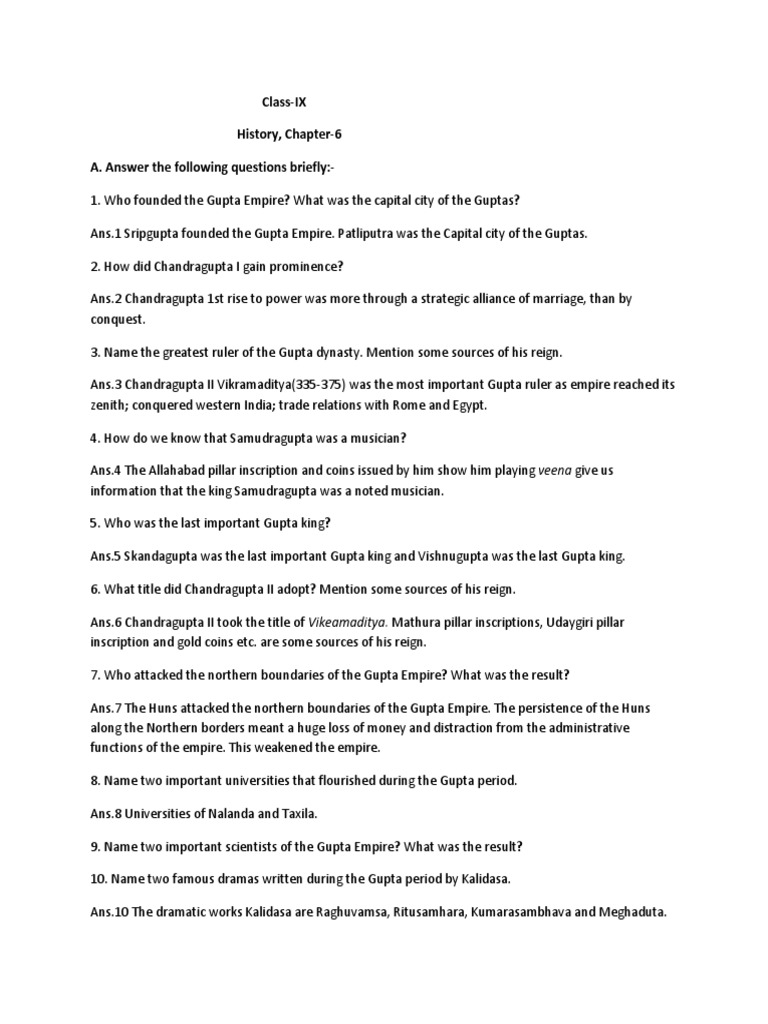 Class-IX History, Chapter-6 A. Answer The Following Questions Briefly | PDF