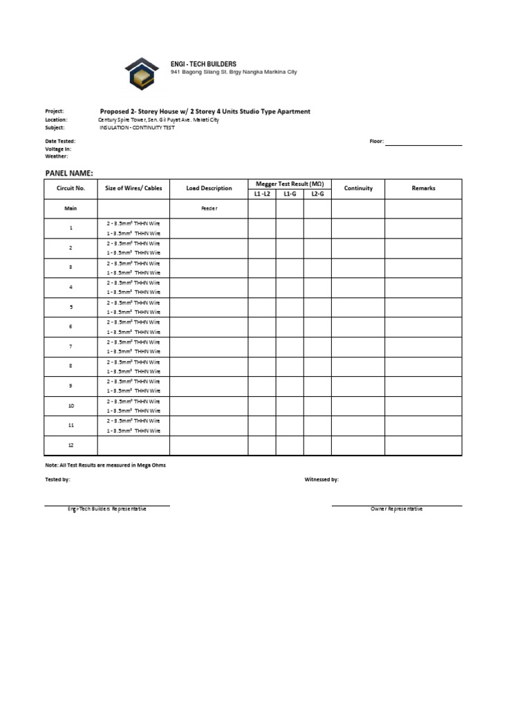 Megger Form | PDF | Electrical Equipment | Physical Quantities