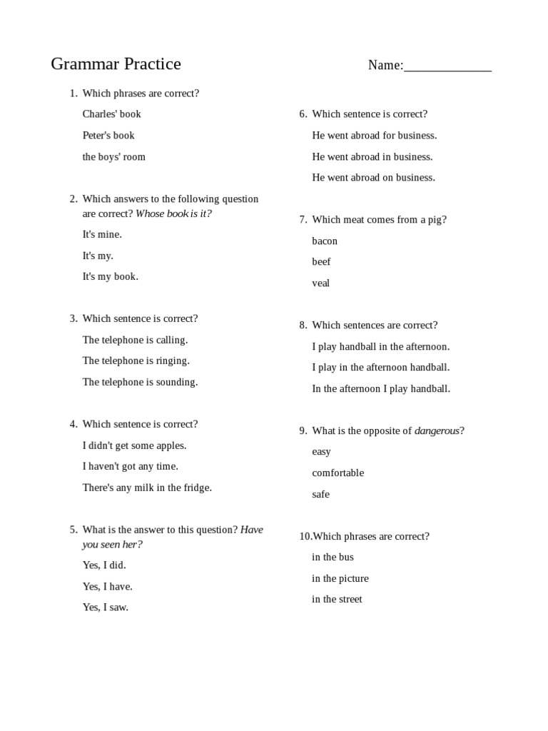 Grammar Quiz | PDF | Cognitive Science | Language Mechanics