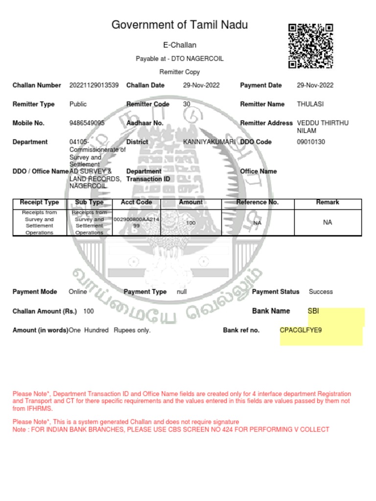 E-Challan Receipt for Tamil Nadu Payment | PDF