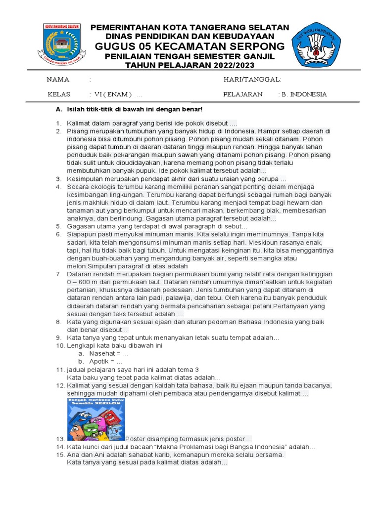 Soal PTS Ganjil KLS 6 B. Indonesia | PDF