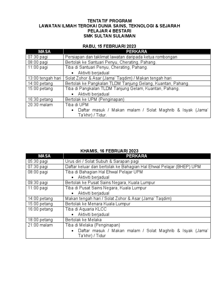 Tentatif Program Lawatan Ilmiah Terokai Dunia Sains, Teknologi Dan ...