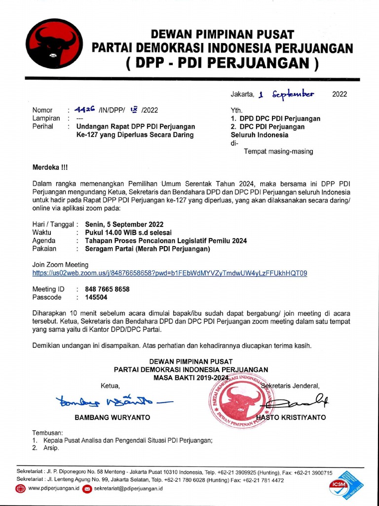 Surat Internal. No. 4426 - Undangan Rapat DPP Pdi Perjuangan Ke-127 Secara Daring (DPD, DPC Pdi ...