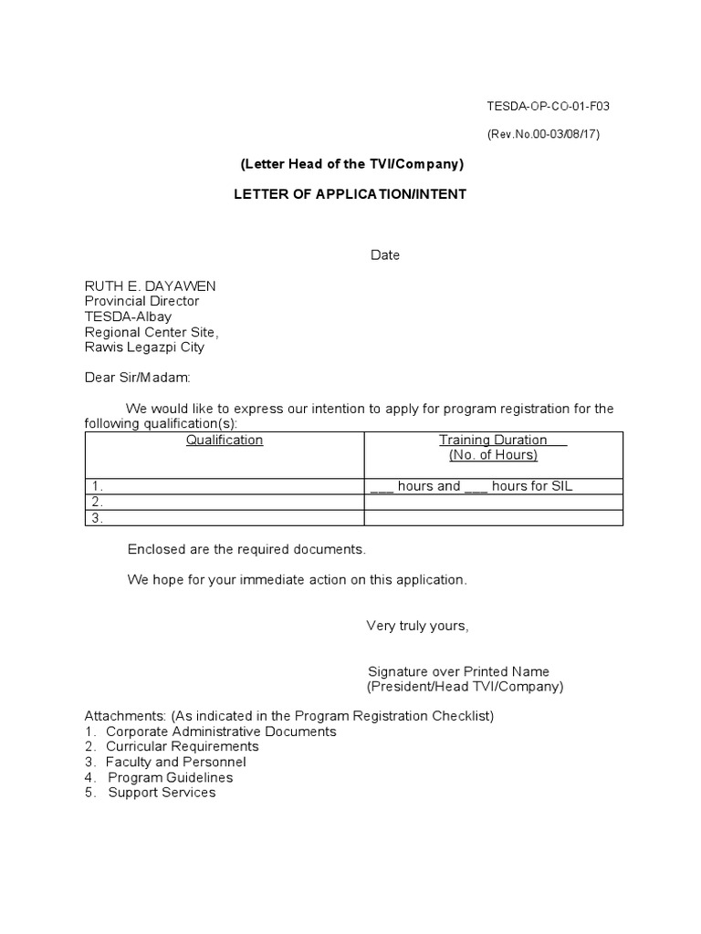 TESDA-OP-CO-01-F03 - Letter of Application | PDF