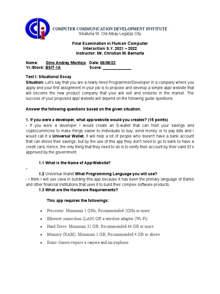 Human Computer Interaction Final Exam BSCS 1 BST 1A BSIS 1 | PDF ...