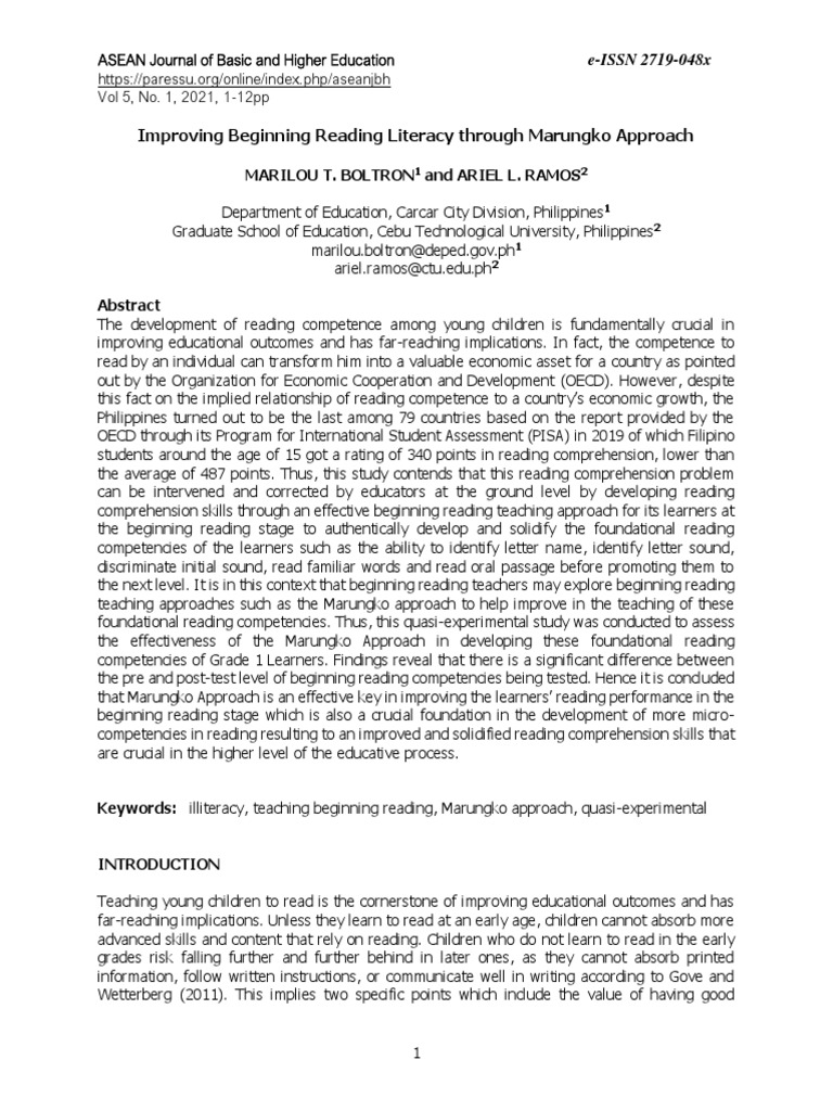 Improving Reading with Marungko Approach | PDF | P Value | Literacy