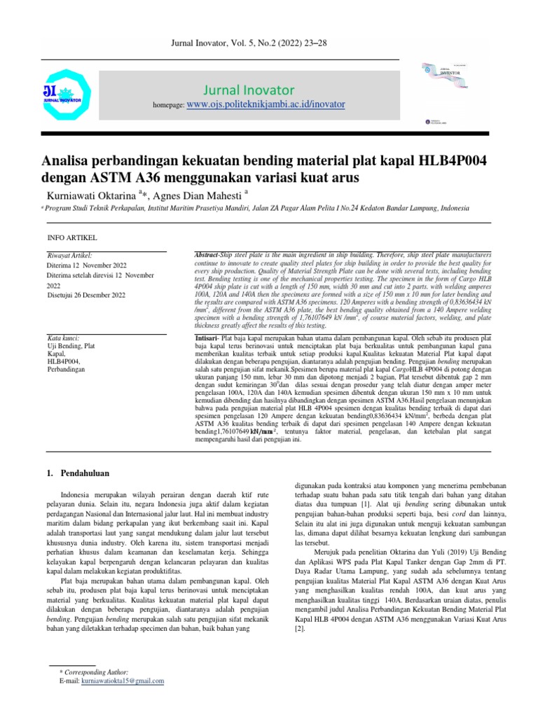 Analisis Perbandingan Kekuatan Bending Material Plat Kapal HLB 4P004 dan ASTM A36 dengan Variasi ...