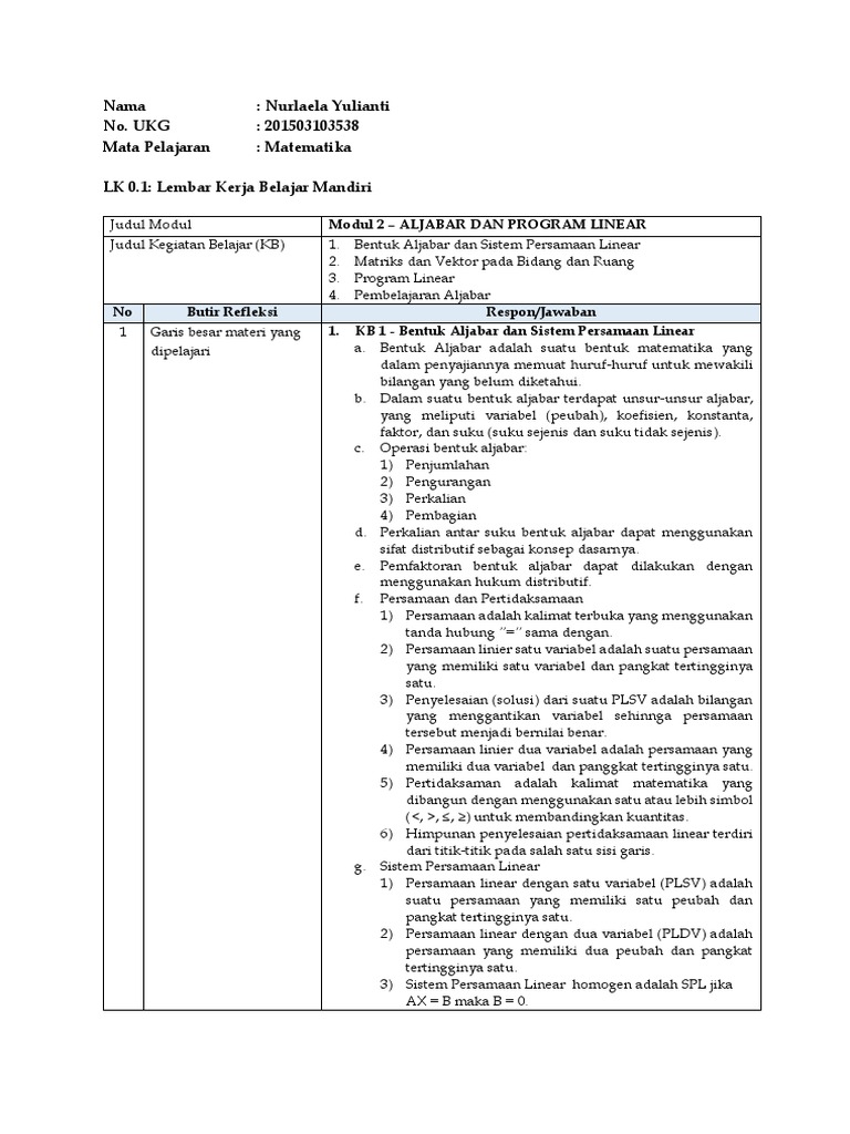 Modul 2 - ALJABAR DAN PROGRAM LINEAR | PDF
