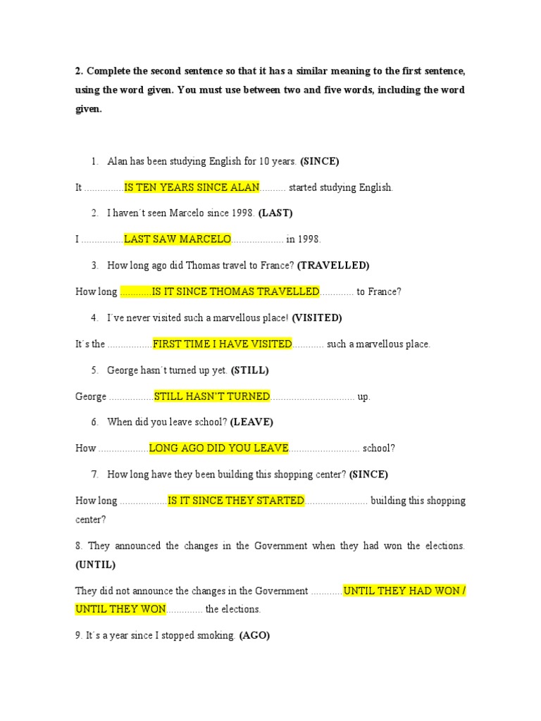 Answer Key - Tenses - Transformation Sentences | PDF