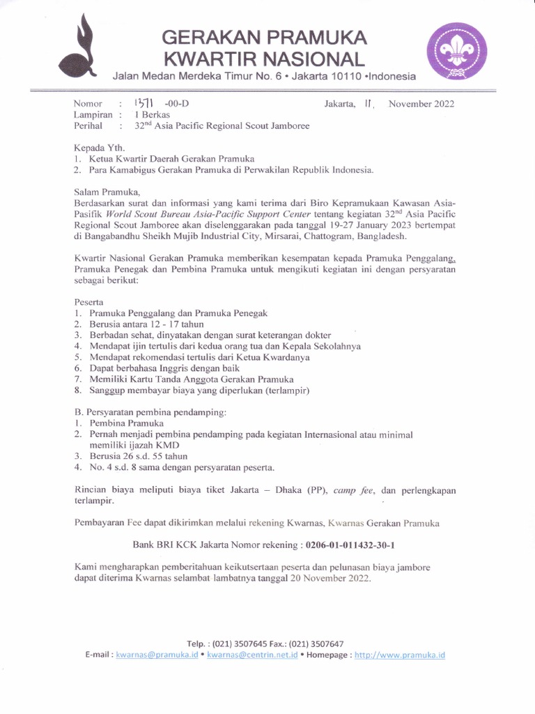 1371-00-D KD Sel Indo 32nd Pacific Reg Scout Jamb 19-27 Jan'23 | PDF