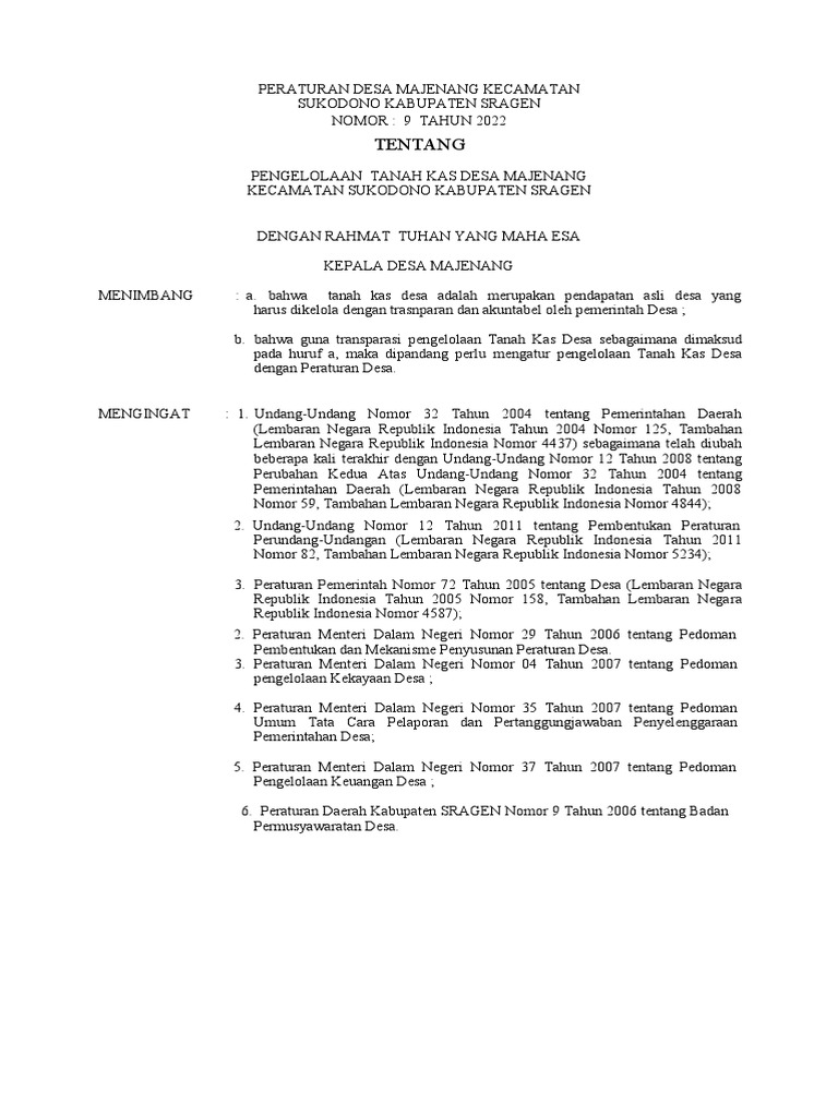 Perdes 9 Tahun 2022 TTG Lelang Tanah Kas Desa | PDF