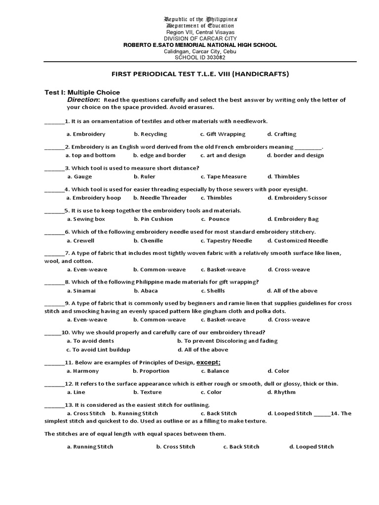 Roberto E. Sato Memorial National High School First Periodical Test for ...