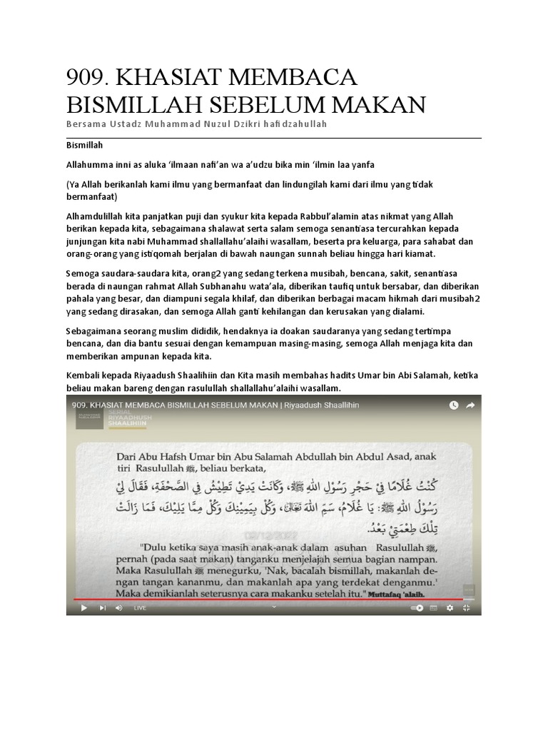 Khasiat Membaca Bismillah Sebeum Makan | PDF
