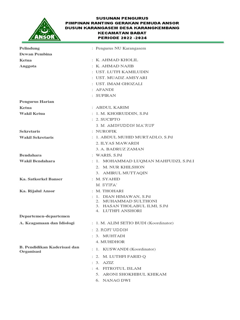 Susunan Pengurus PR Karangasem | PDF
