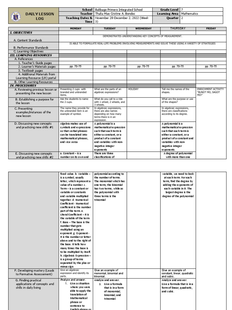 Math Grade 7 DLL Q2 W3 | PDF | Variable (Mathematics) | Polynomial