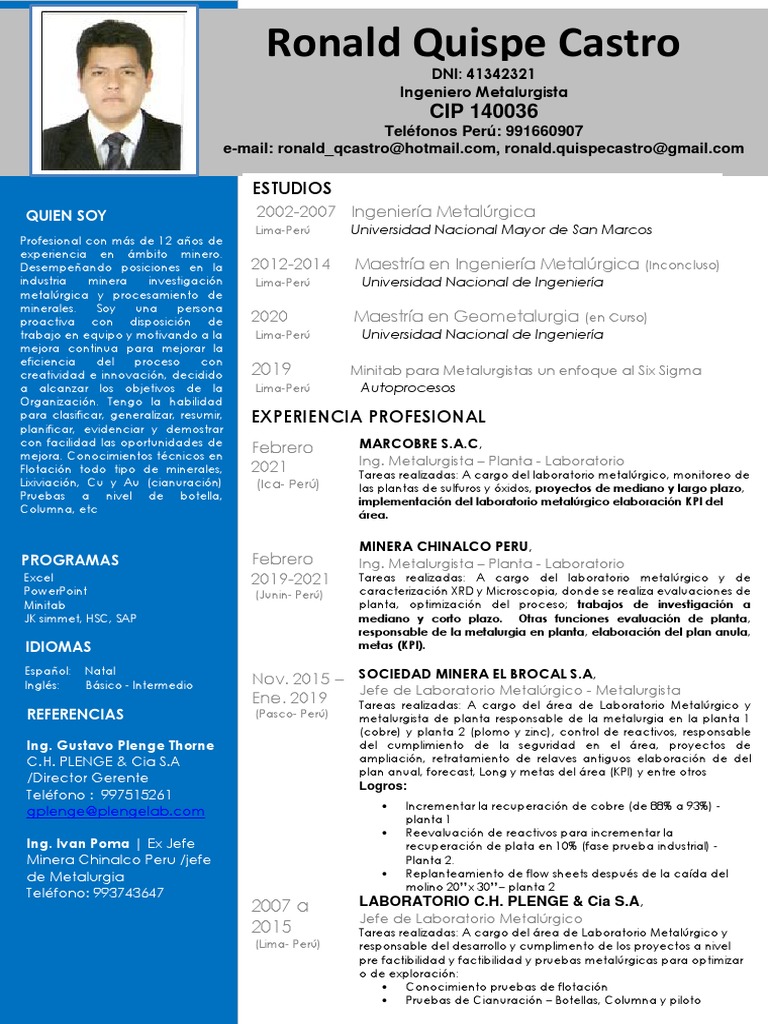 CV Ronald Quispe | PDF | Metalurgia | Minería