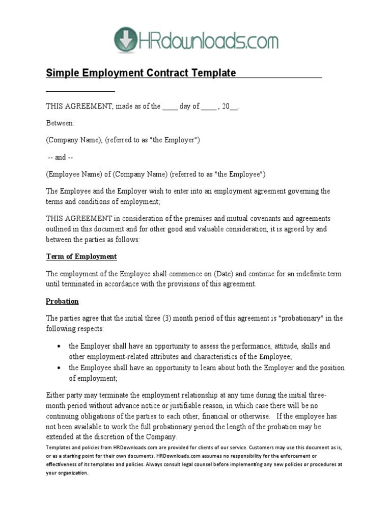 Simple Employment Contract Template | Download Free PDF | Employment ...