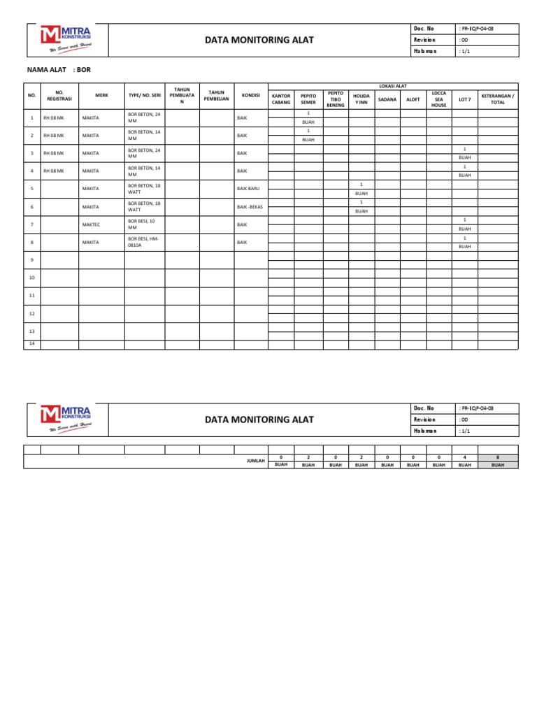 FR-EQP-04-03 Data Monitoring Alat - BOR | PDF
