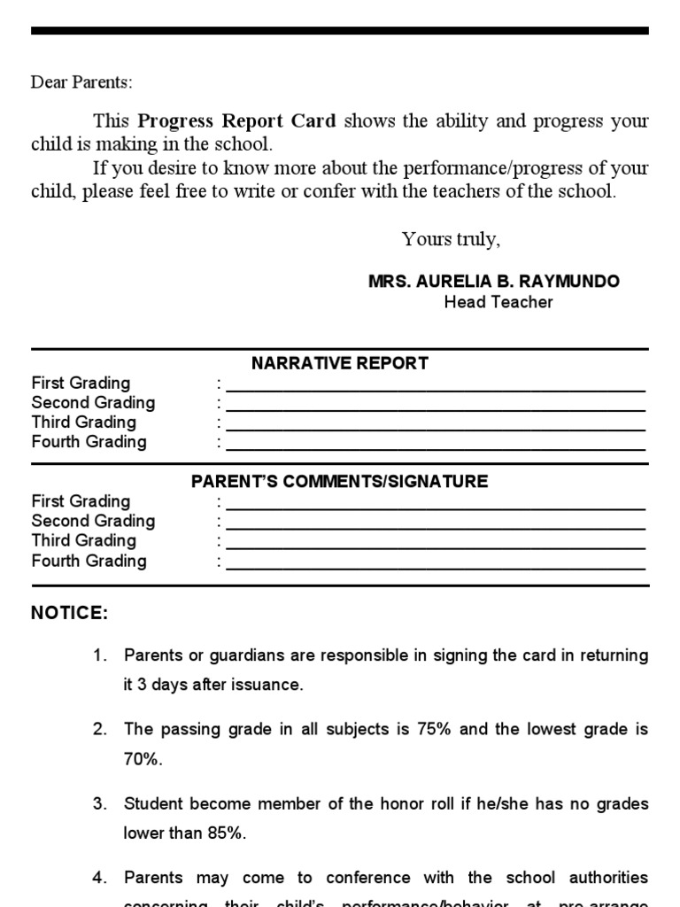 First Grading Progress Report Card | PDF