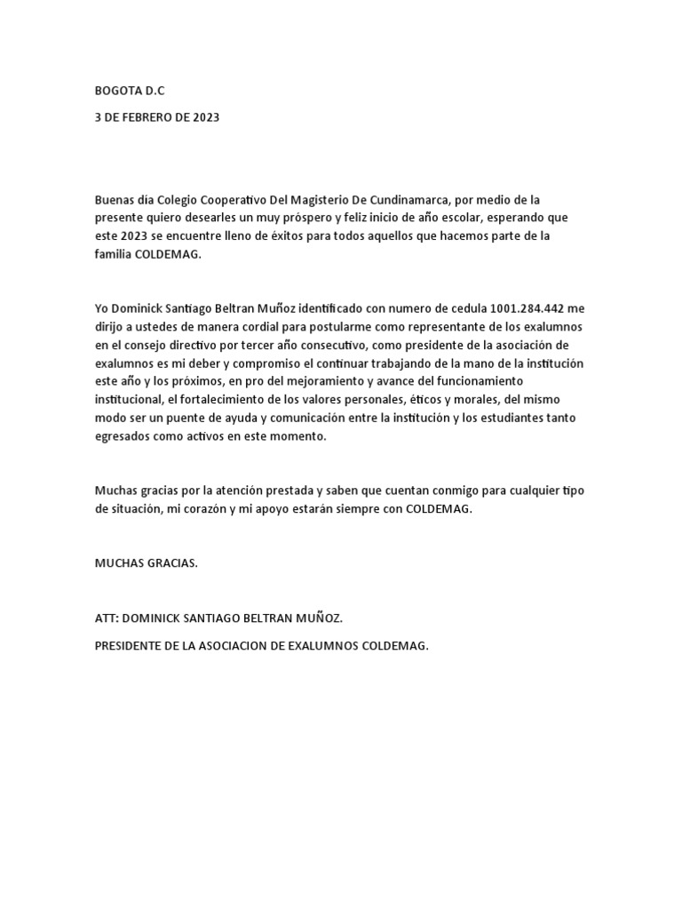 Postulación de Dominick Beltrán en COLDEMAG | PDF