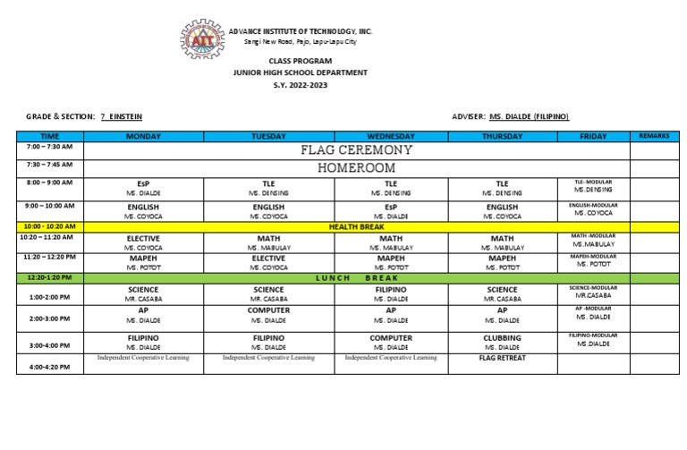 Junior High School Class Schedule 2023 | PDF | Philippines | Republic