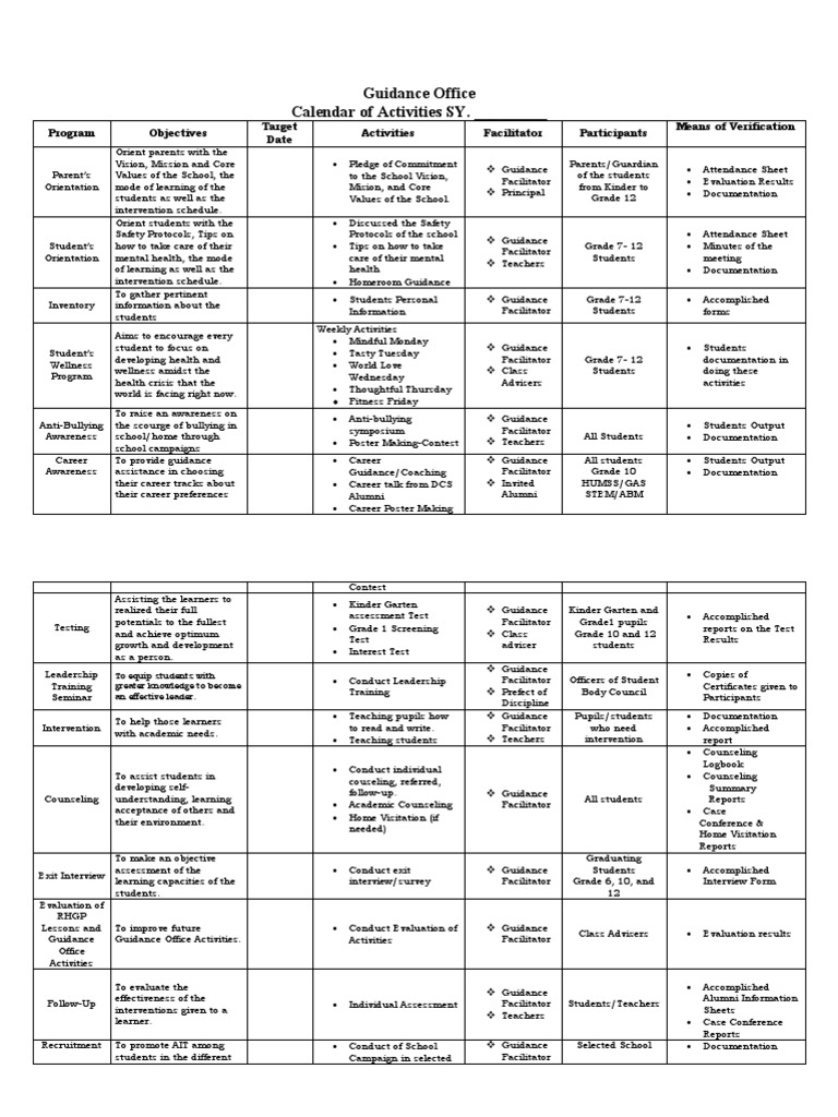 School Guidance Activities Calendar | PDF | Teachers | Evaluation